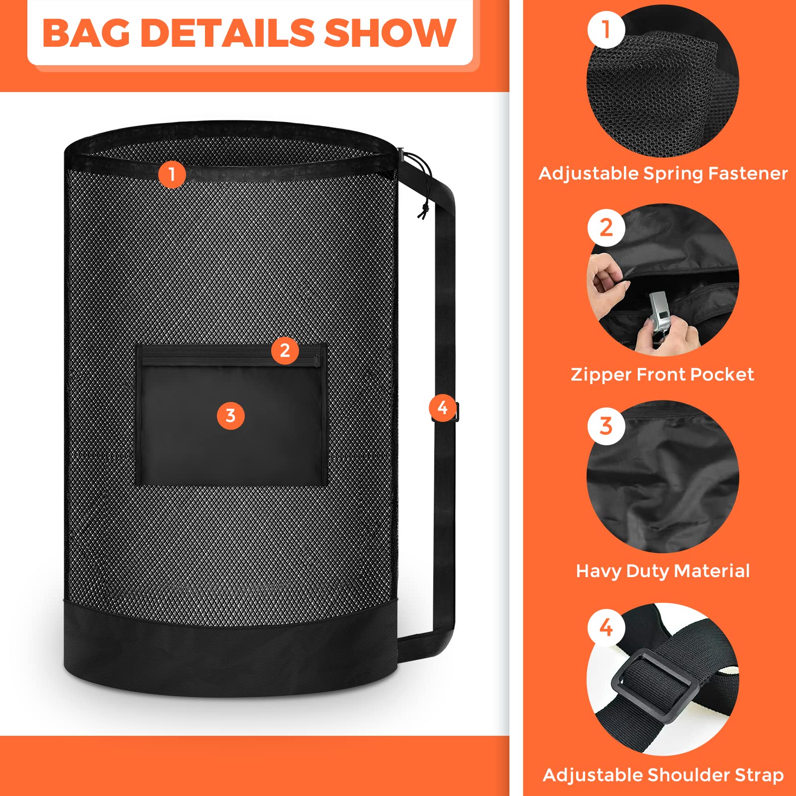 Extra Large Sports Ball Bag, Mesh Soccer Team Balls Bag, Drawstring Sport Equipment Storage Bag for Basketball, Beach Cloth and Swimming Gears with Adjustable Shoulder Strap & Front Pocket(30” x 40”)