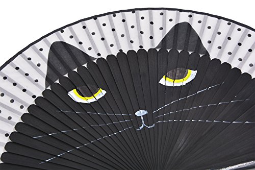 Amajiji Women Lovely Black Cat Folding Silk Fan Handheld Fan for Wedding, Dancing, Church, Party, Gifts (Black)