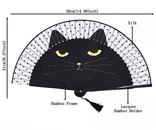 Amajiji Women Lovely Black Cat Folding Silk Fan Handheld Fan for Wedding, Dancing, Church, Party, Gifts (Black)
