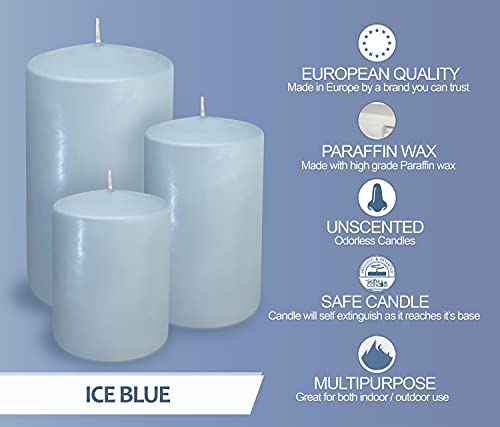 Hyoola Ice Blue Pillar Candles 2 x 3 Inch - 4 Pack Unscented Pillar Candles Bulk - European Made