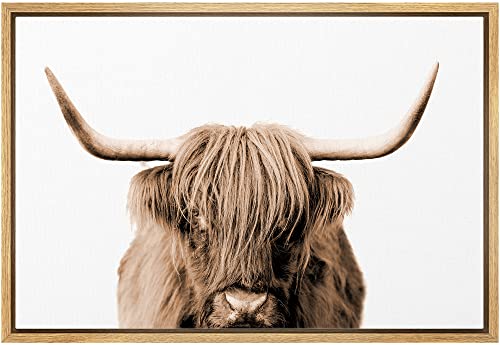 SIGNLEADER Framed Canvas Print Wall Art Brown Full-Frame Closeup of Highland Cow Animals Wilderness Photography Realism Portrait Relax/Calm Duotone for Living Room, Bedroom, Office - 24"x36" NATURAL