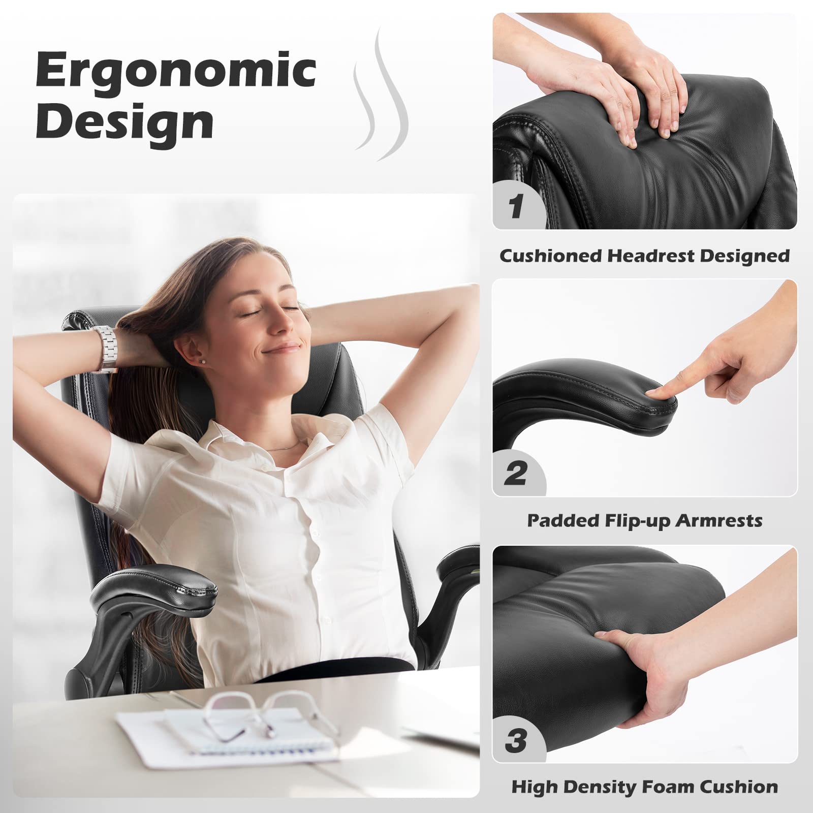 Executive Office Chair – Ergonomic Adjustable Computer Desk Chairs with High Back Flip-up Armrests, Swivel Task Chair with Lumbar Support, Bonded Leather