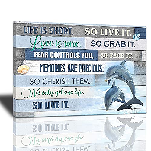 Dolphins Bathroom Decor Wall Art Beach Shell Themed Blue Ocean Animal Pictures Canvas Print Nautical Decor Artwork Life Inspirational Quotes Painting Framed Decoration for Living Room Bedroom12x16inch