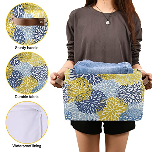 Blue Floral Navy Chrysanthemums Storage Basket Bin Blue Yellow Flower Large Fabric Toys Storage Cube Box with Handles Collapsible Closet Shelf Cloth Organizer Basket Set of 2 for Nursery Bedroom