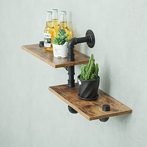 MAIKAILUN 2 Tier Industrial Shelves, Industrial Pipe Shelving, Pipe Corner Shelves with Wood Planks, Floating Shelves Wall Mounted, Retro Rustic Industrial Shelf for Bar Kitchen Living Room