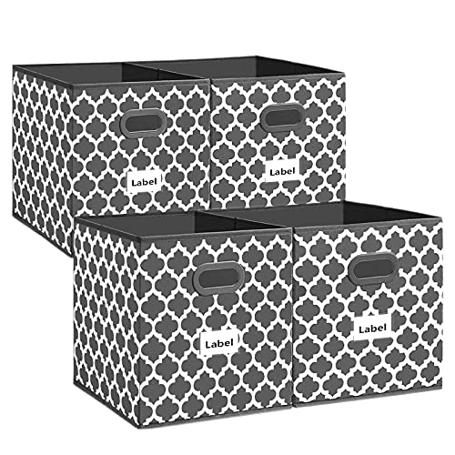 homyfort Cube Storage Organizer Bins 13x13 - Fabric Storage Cubes Bin Foldable Baskets Square Box with Labels and Dual Plastic Handles for Shelf, Nursery, Cabinet, Clothes, Toys, Set of 4 (Grey)