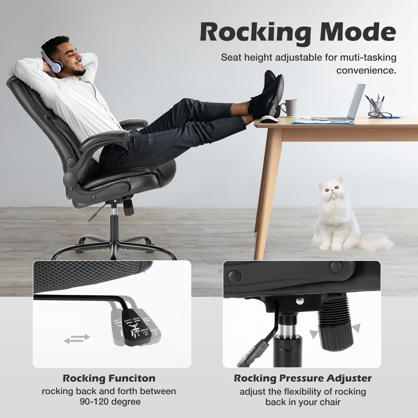 Executive Office Chair – Ergonomic Adjustable Computer Desk Chairs with High Back Flip-up Armrests, Swivel Task Chair with Lumbar Support, Bonded Leather