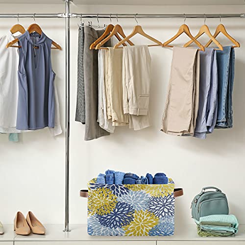Blue Floral Navy Chrysanthemums Storage Basket Bin Blue Yellow Flower Large Fabric Toys Storage Cube Box with Handles Collapsible Closet Shelf Cloth Organizer Basket Set of 2 for Nursery Bedroom