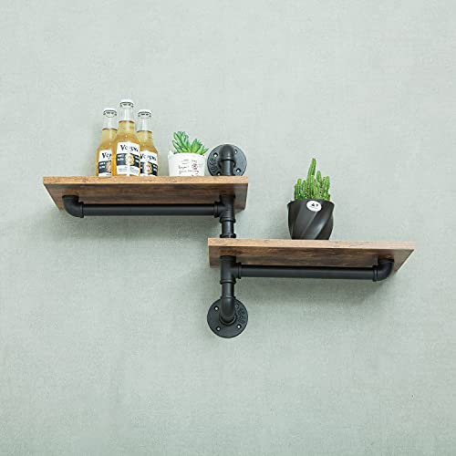 MAIKAILUN 2 Tier Industrial Shelves, Industrial Pipe Shelving, Pipe Corner Shelves with Wood Planks, Floating Shelves Wall Mounted, Retro Rustic Industrial Shelf for Bar Kitchen Living Room