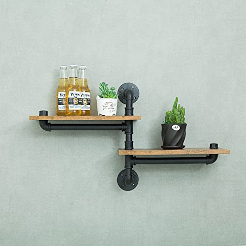 MAIKAILUN 2 Tier Industrial Shelves, Industrial Pipe Shelving, Pipe Corner Shelves with Wood Planks, Floating Shelves Wall Mounted, Retro Rustic Industrial Shelf for Bar Kitchen Living Room