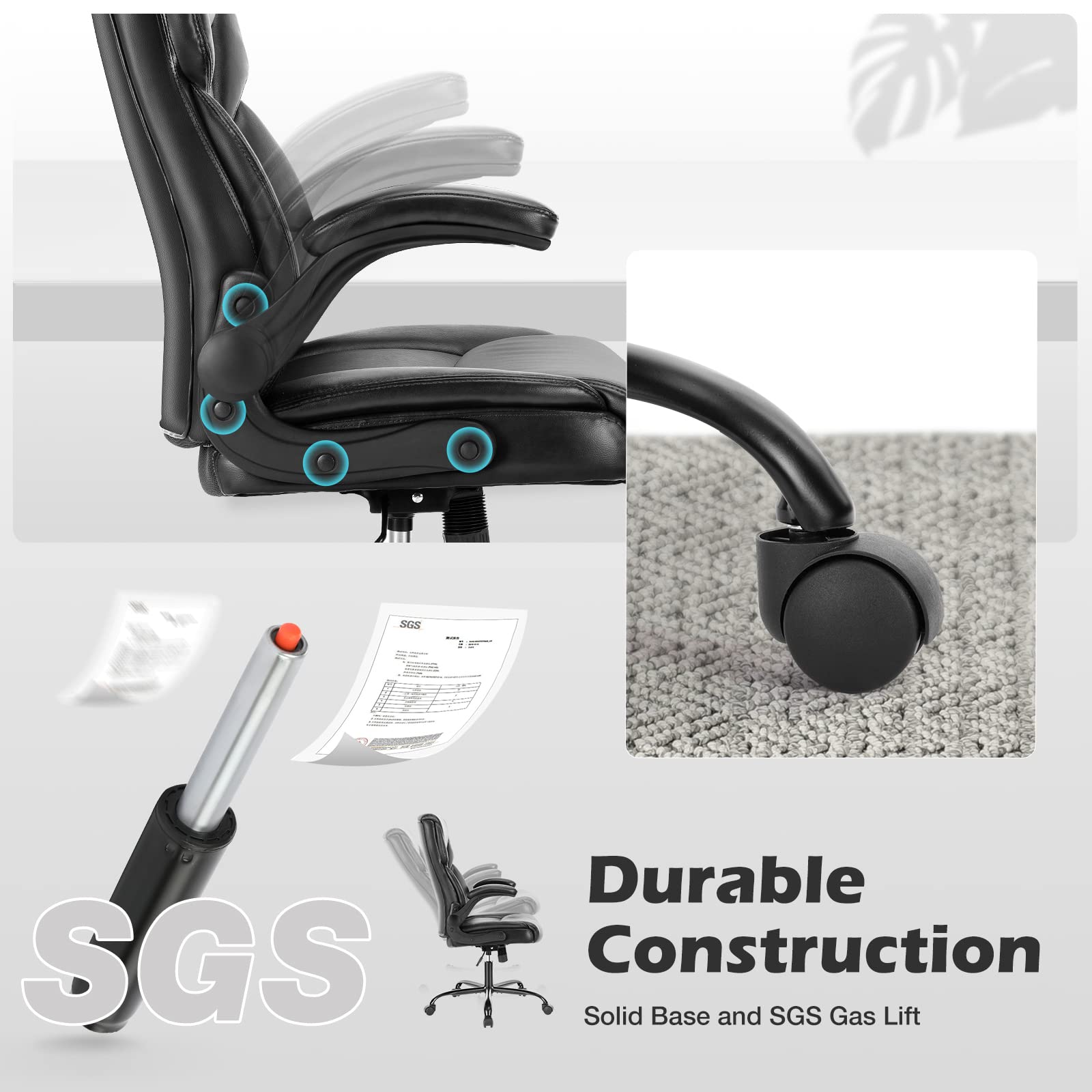 Executive Office Chair – Ergonomic Adjustable Computer Desk Chairs with High Back Flip-up Armrests, Swivel Task Chair with Lumbar Support, Bonded Leather
