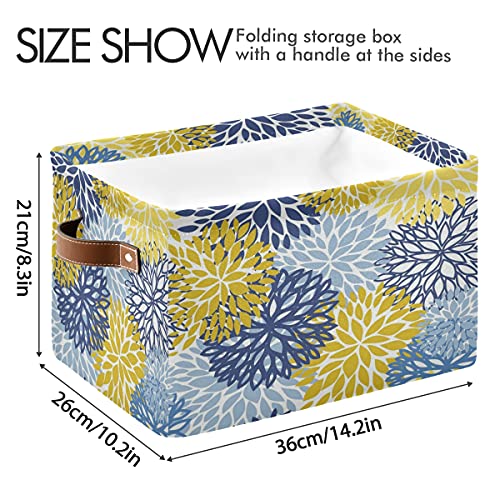 Blue Floral Navy Chrysanthemums Storage Basket Bin Blue Yellow Flower Large Fabric Toys Storage Cube Box with Handles Collapsible Closet Shelf Cloth Organizer Basket Set of 2 for Nursery Bedroom