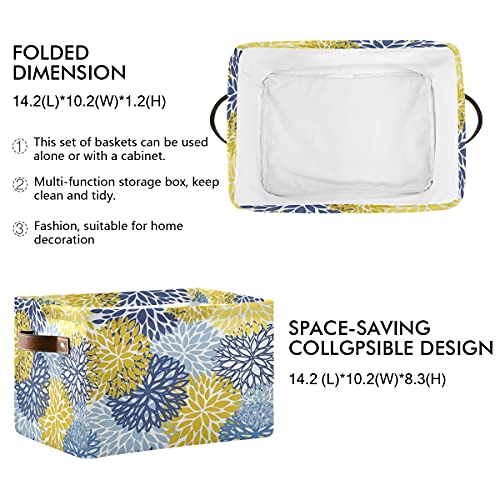 Blue Floral Navy Chrysanthemums Storage Basket Bin Blue Yellow Flower Large Fabric Toys Storage Cube Box with Handles Collapsible Closet Shelf Cloth Organizer Basket Set of 2 for Nursery Bedroom