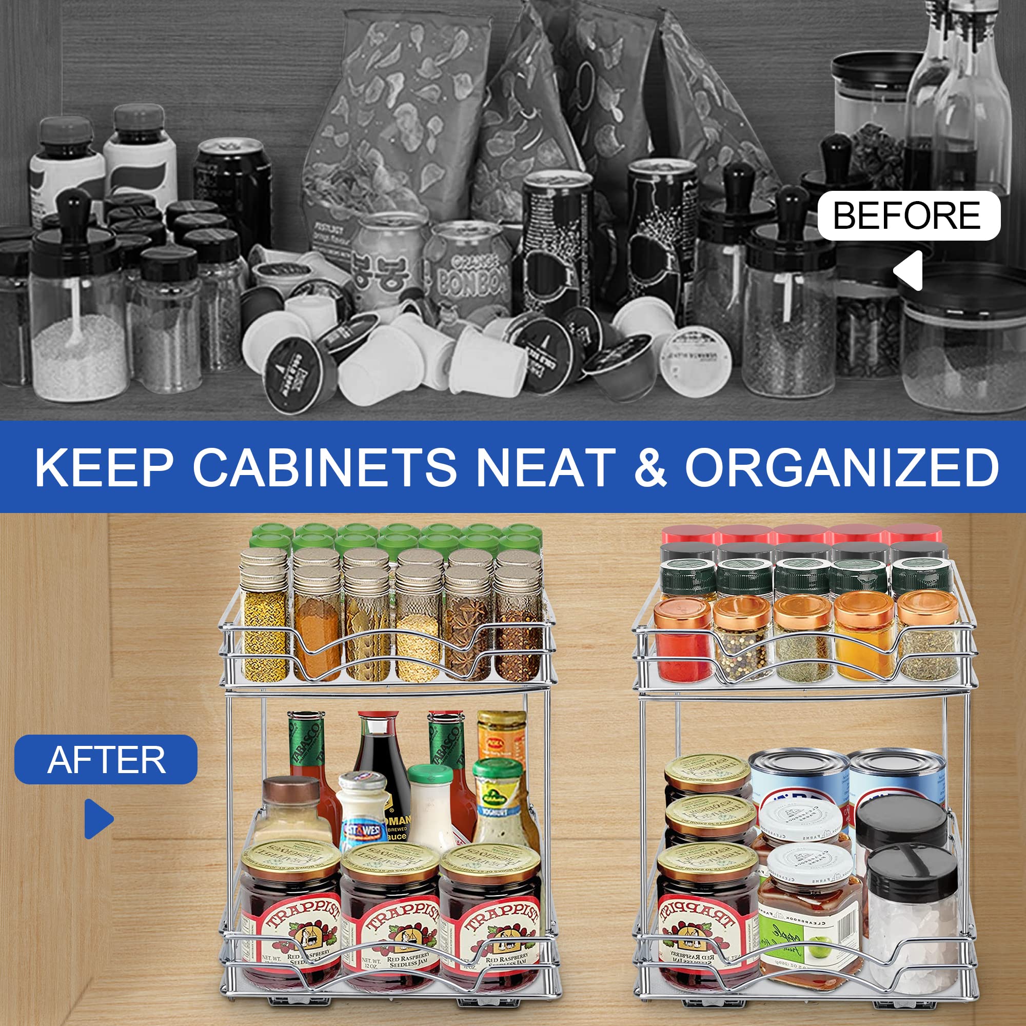 Uoxfill Pull Out Spice Rack Organizer for Cabinet - 2 Tier Sliding Vertical Spice rack, 9 Inch Wide Slide Out Spice Rack Fits 9.3 Inch Wide Cabinet, Chrome