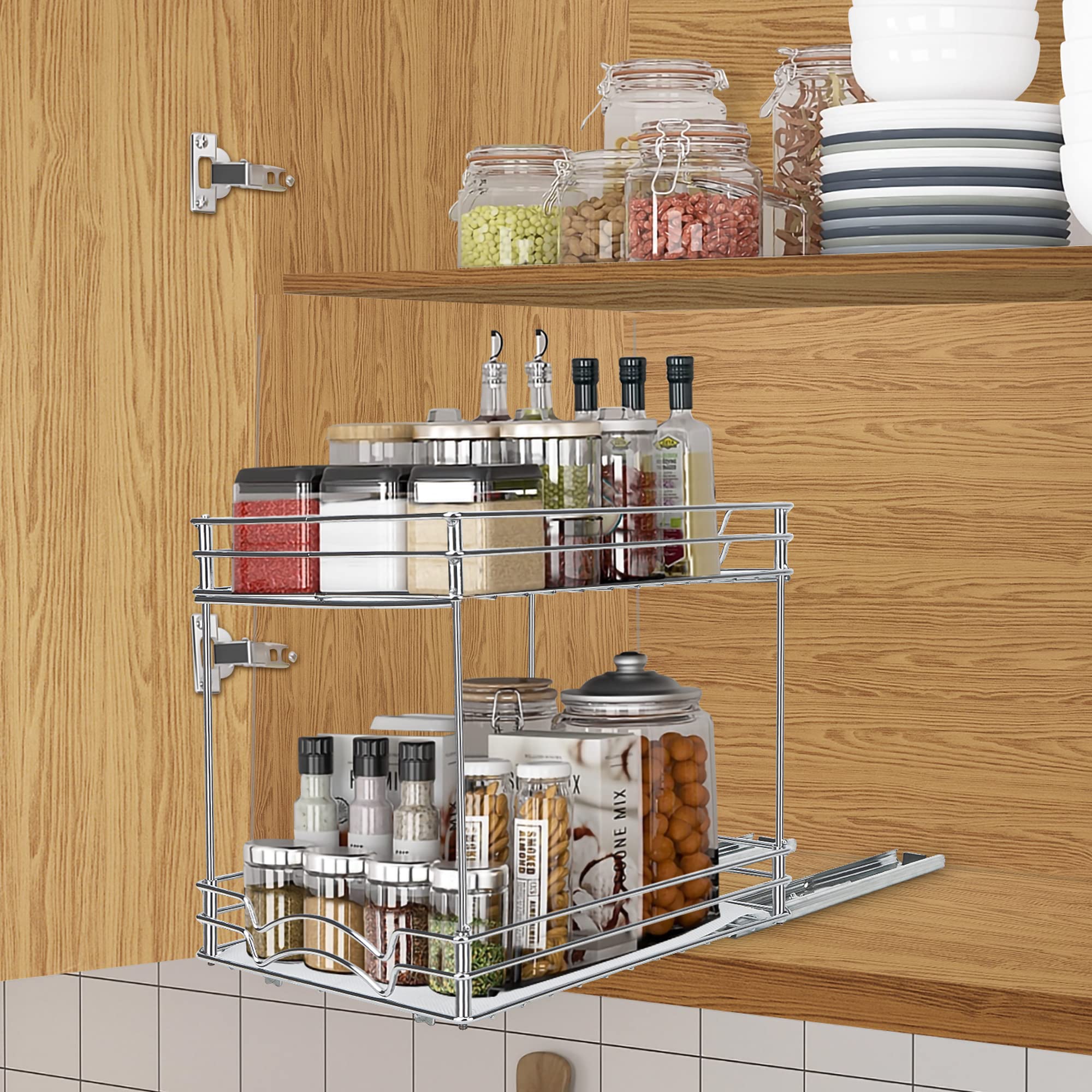 Uoxfill Pull Out Spice Rack Organizer for Cabinet - 2 Tier Sliding Vertical Spice rack, 9 Inch Wide Slide Out Spice Rack Fits 9.3 Inch Wide Cabinet, Chrome