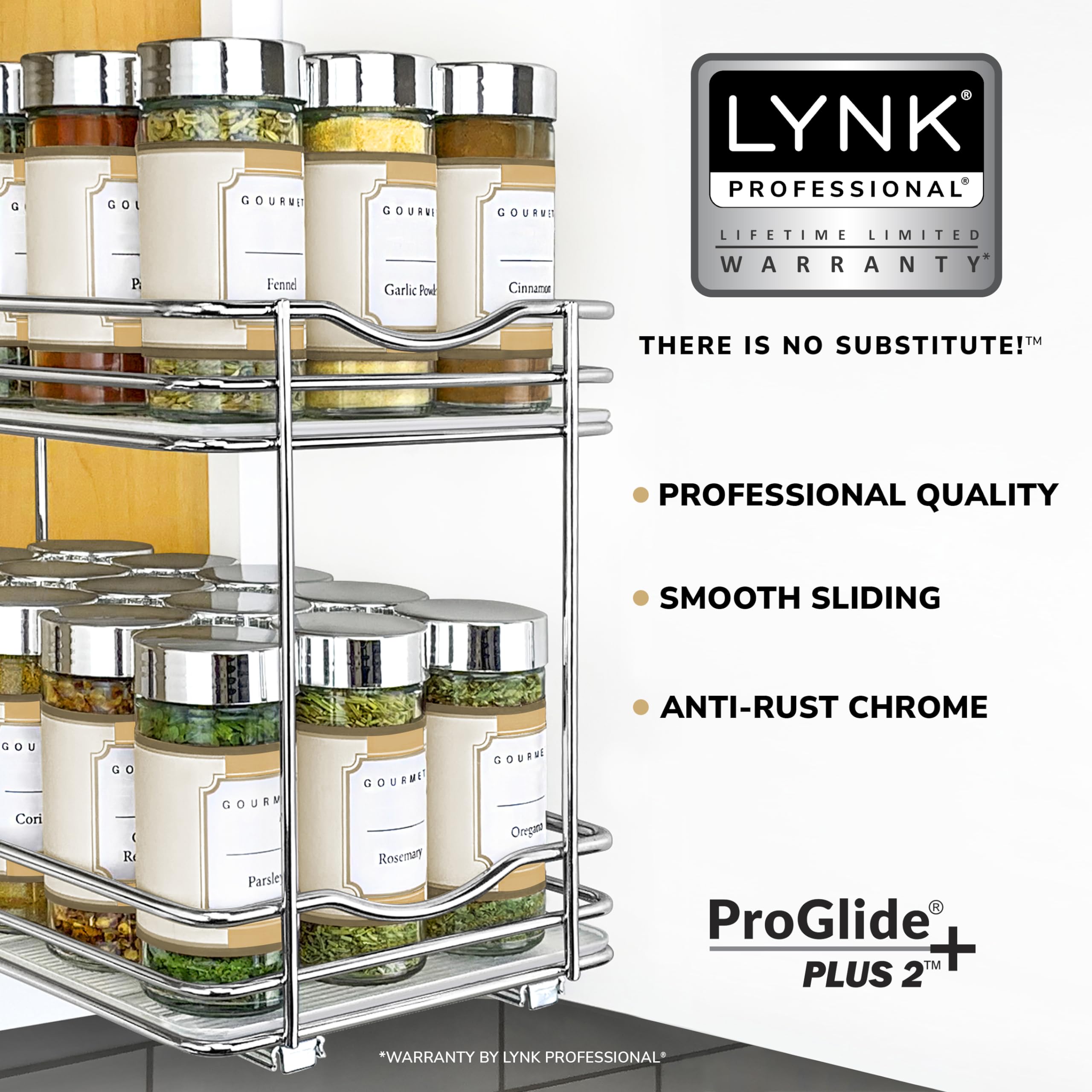 LYNK PROFESSIONAL® Pull Out Spice Rack Organizer for Inside Kitchen Cabinets - 6-1/4 inch Wide - Slide Out Drawer – Chrome Sliding Spice Cabinet Organization Shelf Racks - 2 Tier