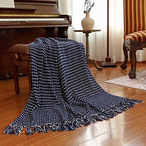 Decorative White Dot Navy Throw Blanket, Soft Chenille Woven Blanket with Tassels for Farmhouse Boho Décor, 50" x 60", Dark Navy