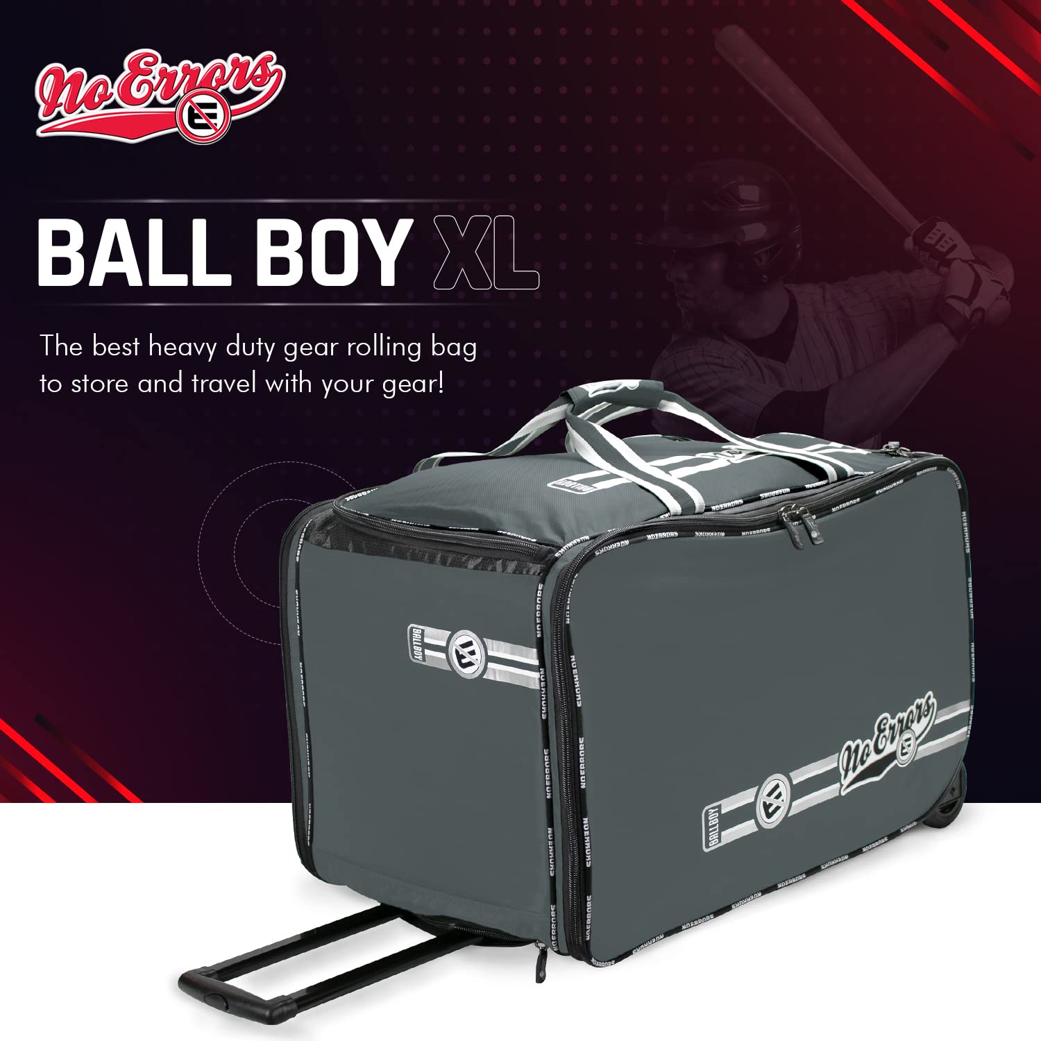 No Errors Ball Boy XL Coaches Wheel Bag - Heavy duty baseball equipment bag with wheels - Holds Two 6 Gallon Ball Buckets - Baseball and Softball Equipment Rolling Bag - Designed for Coaches(Graphite)