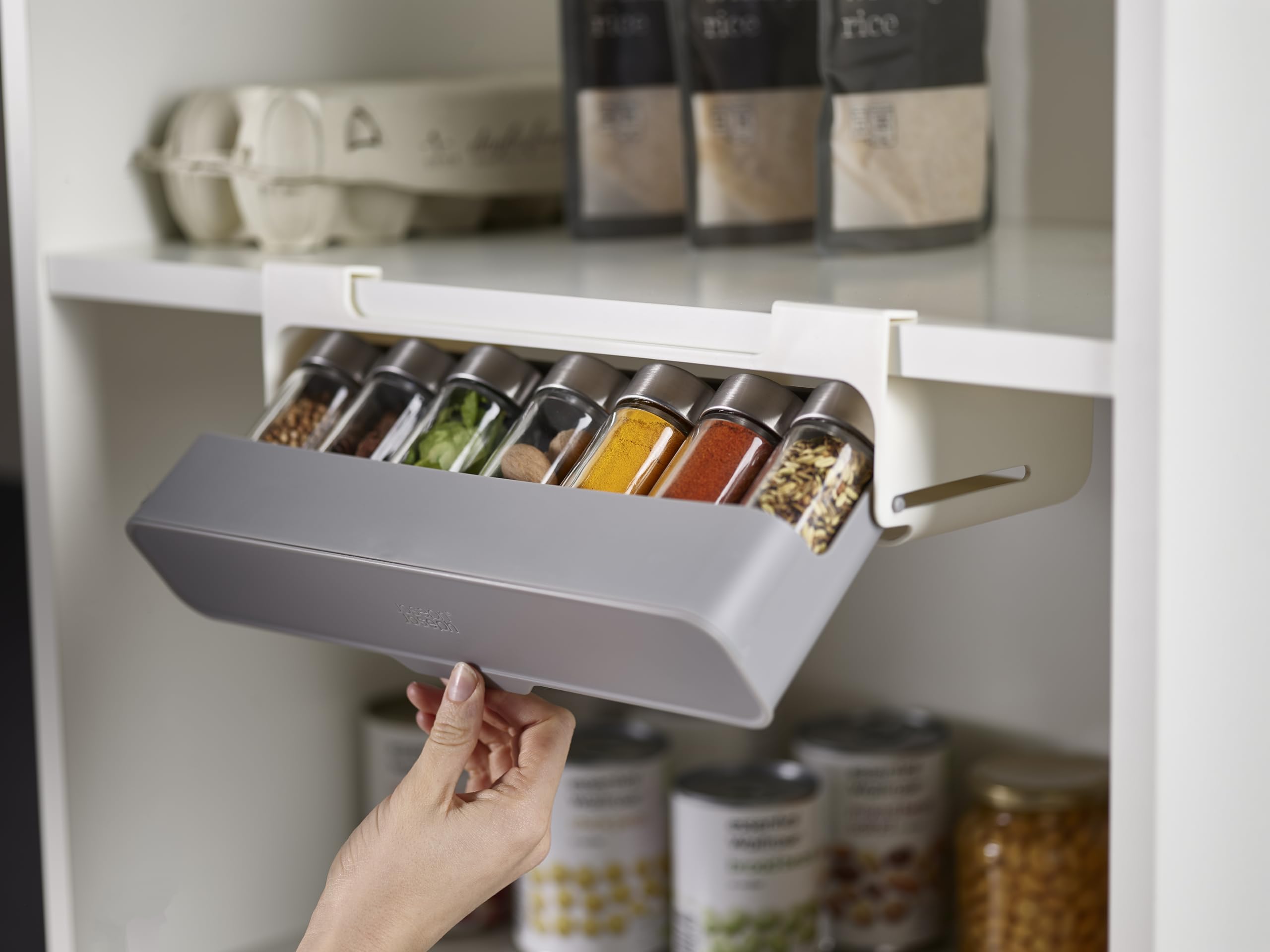 Joseph Joseph CupboardStore Spice Organizer 3M Tape Under-Shelf Pull Out Drawer Storage for Cabinet, One-size, Gray/White