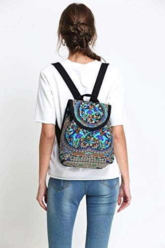 MAZEXY Handmade Embroidered Backpack for Women, Boho Shoulder Bag Vintage Ethnic Flower Cross-body Bag (Blue)