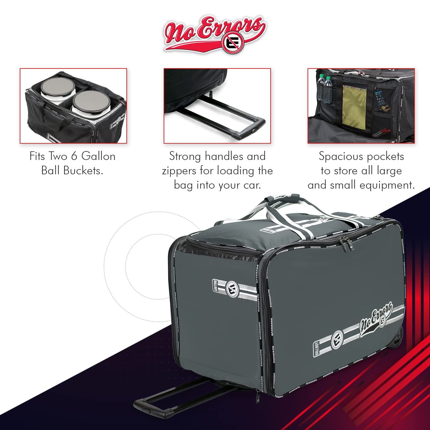 No Errors Ball Boy XL Coaches Wheel Bag - Heavy duty baseball equipment bag with wheels - Holds Two 6 Gallon Ball Buckets - Baseball and Softball Equipment Rolling Bag - Designed for Coaches(Graphite)