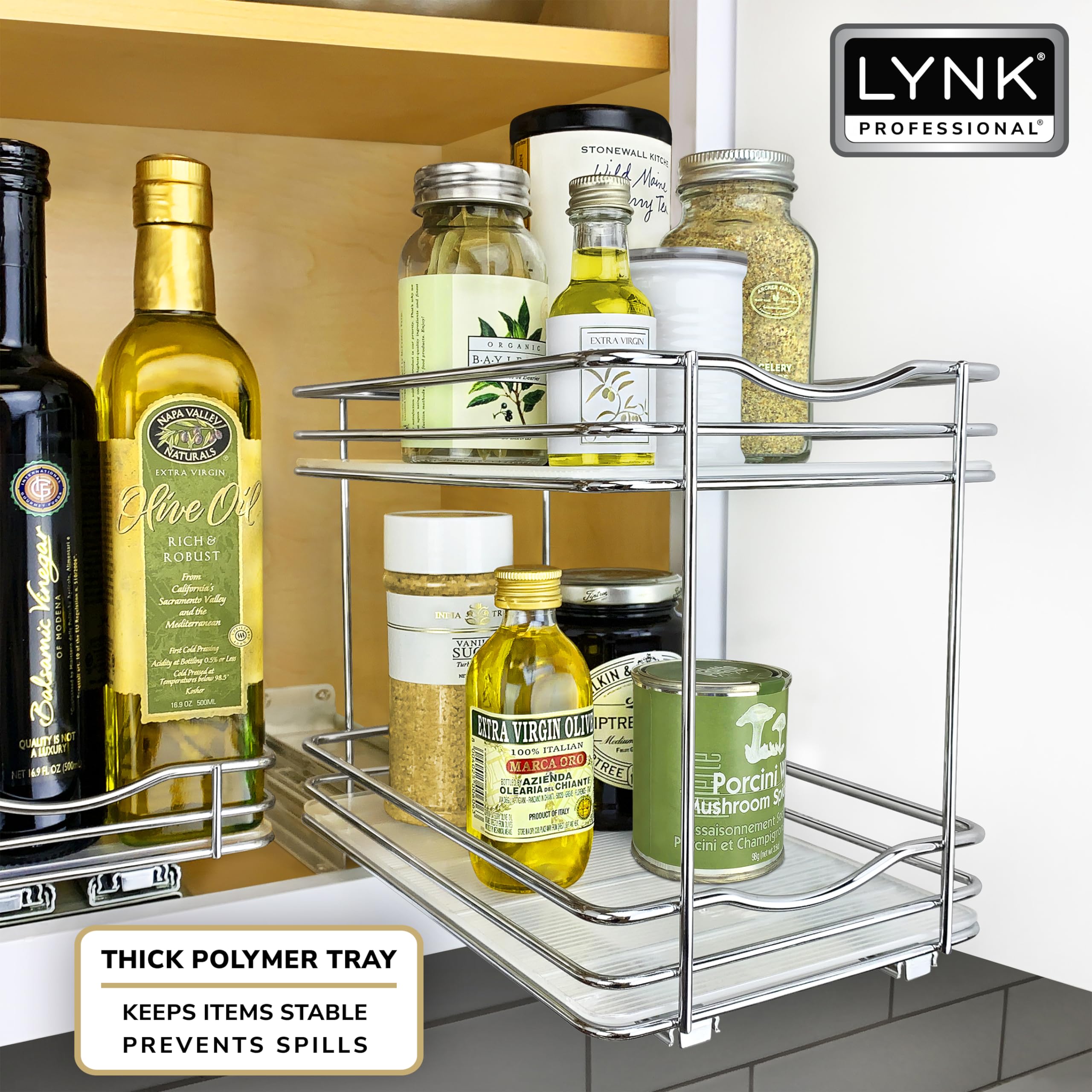 LYNK PROFESSIONAL® Pull Out Spice Rack Organizer for Inside Kitchen Cabinets - 6-1/4 inch Wide - Slide Out Drawer – Chrome Sliding Spice Cabinet Organization Shelf Racks - 2 Tier
