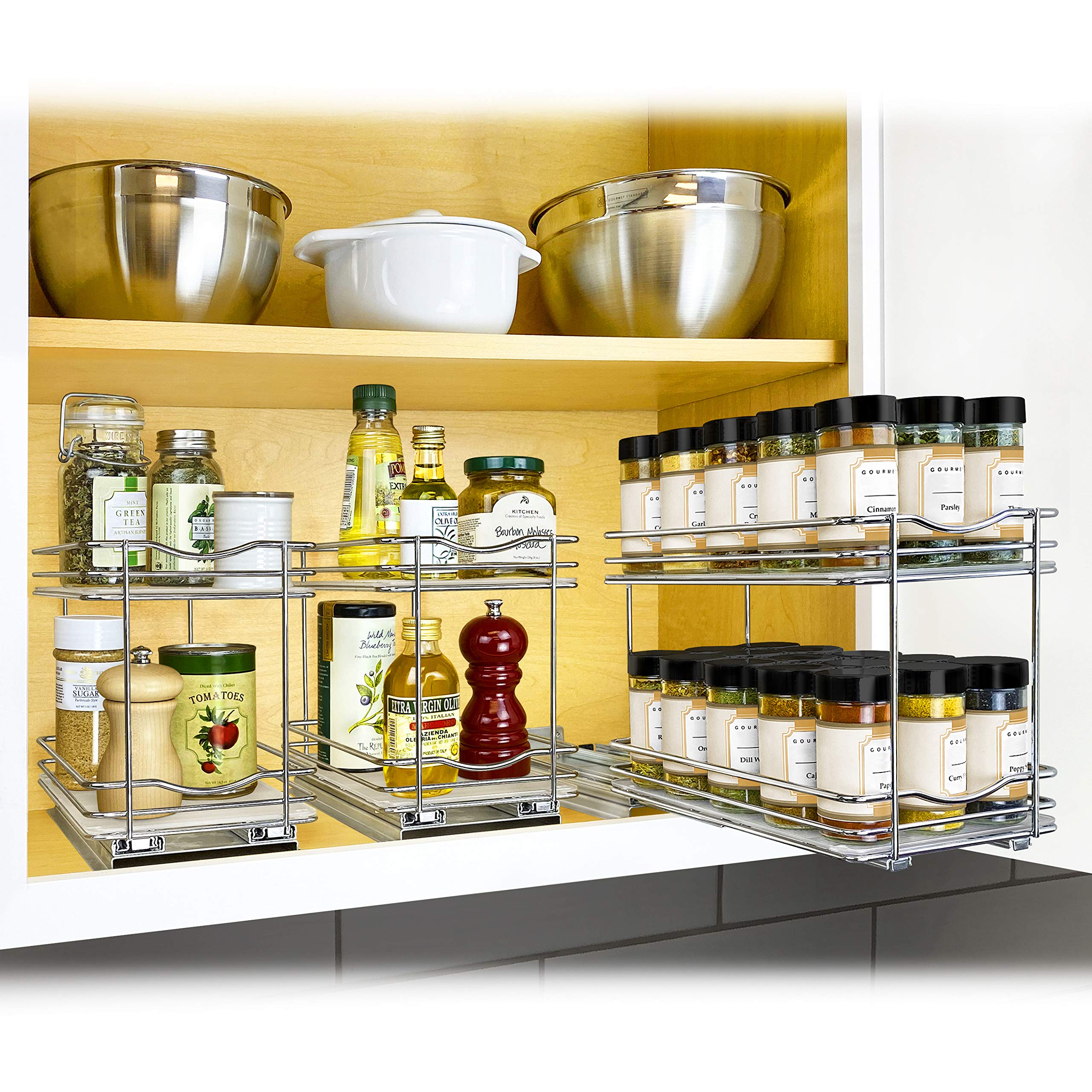 LYNK PROFESSIONAL® Pull Out Spice Rack Organizer for Inside Kitchen Cabinets - 6-1/4 inch Wide - Slide Out Drawer – Chrome Sliding Spice Cabinet Organization Shelf Racks - 2 Tier
