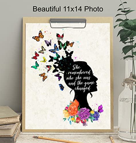She Remembered Who She Was and The Game Changed Wall Art Poster 11x14 - Uplifting Inspirational Positive Quotes - Motivational Encouragement Gifts for Women, Girls Room, Bedroom - Butterfly Wall Decor