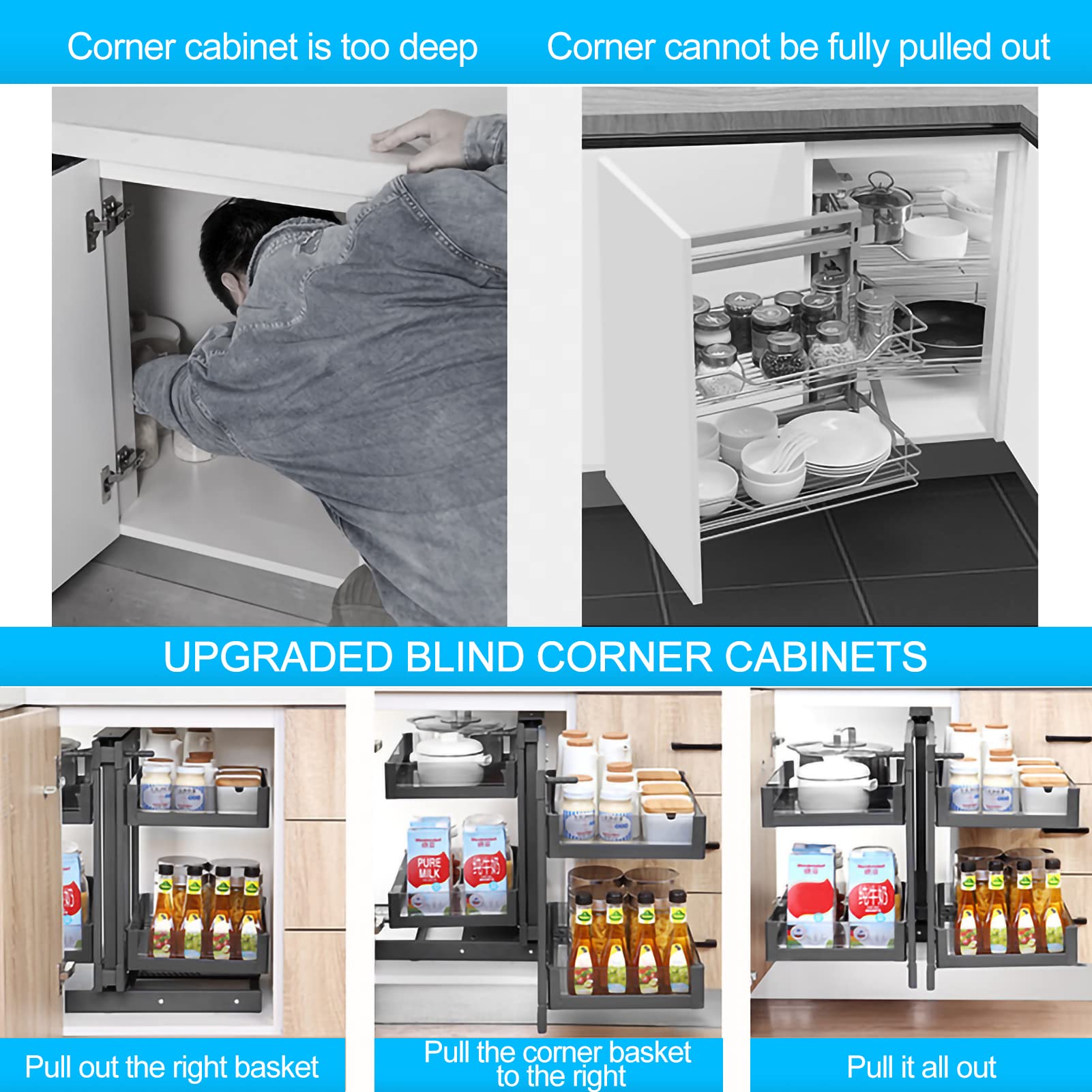 FYFUSATC Kitchen Blind Corner Pull Out Shelf Stainless Steel Bottom Plate Spice Rack Heavy Duty Cabinet Pull Out Storage Organizer Cans, Jars, Canisters, Pots, Pans, for Cabinet of ≥ 15 Inch Opening