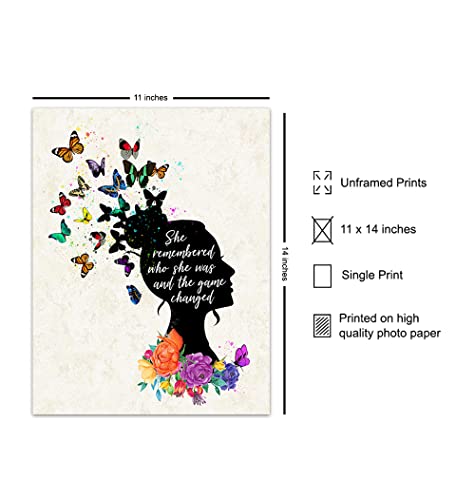 She Remembered Who She Was and The Game Changed Wall Art Poster 11x14 - Uplifting Inspirational Positive Quotes - Motivational Encouragement Gifts for Women, Girls Room, Bedroom - Butterfly Wall Decor