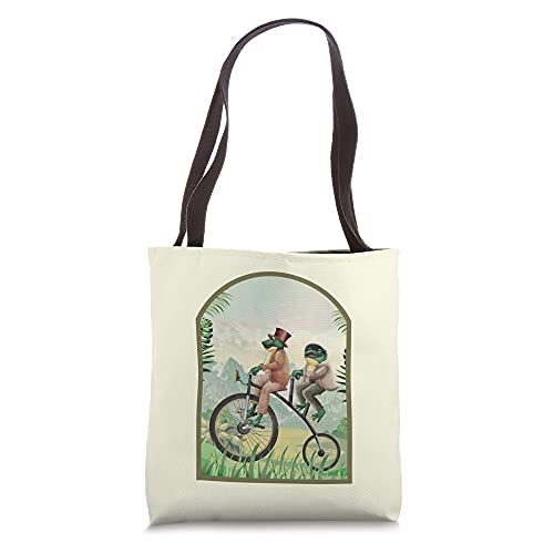 Cottagecore Aesthetic Toad Frog Riding Vintage Bicycle Women Tote Bag
