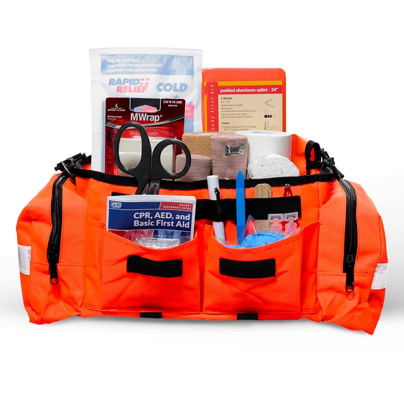 MFASCO Sports First Aid Kit Bag - 326-Piece Emergency Medical Kit in an Orange EMT Style Bag – for Coaches and Athletic Trainers - Contains Basic Supplies for Sports Injuries