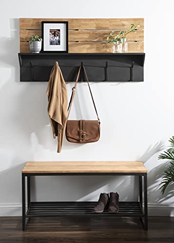 Kate and Laurel Samuels Farmhouse 5-Hook Wall Shelf, 42 x 5 x 22, Rustic Brown and Black, Decorative Wall Storage