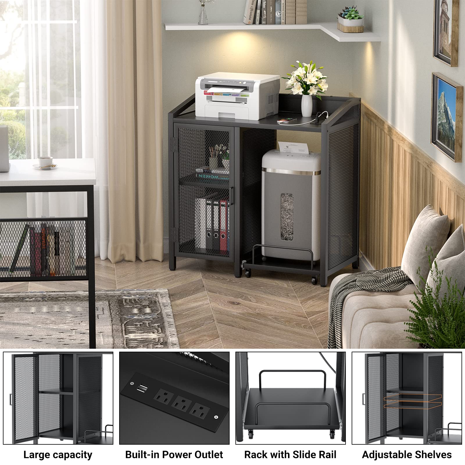 Unikito File Cabinet with Paper Shredder Stand On Wheel, Modern Vertical Filing Cabinet with Socket and USB Charging Port, Large Printer Stand with Adjustable Storage Shelf Rack for Home Office, Black