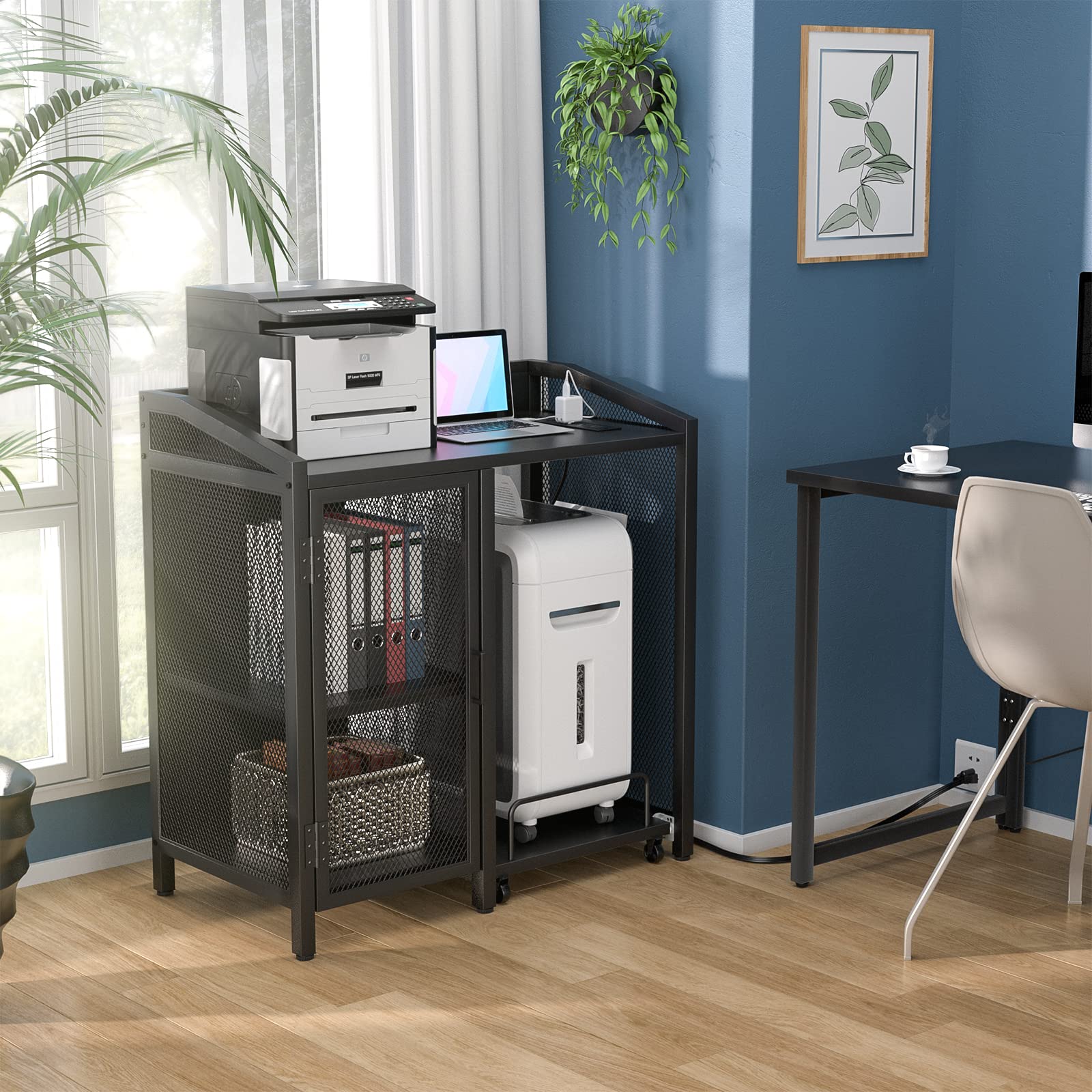 Unikito File Cabinet with Paper Shredder Stand On Wheel, Modern Vertical Filing Cabinet with Socket and USB Charging Port, Large Printer Stand with Adjustable Storage Shelf Rack for Home Office, Black