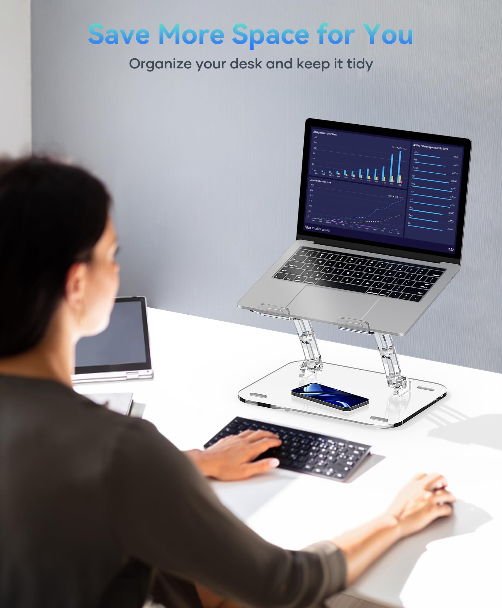 Lpoake 𝟮𝟬𝟮𝟯 𝗨𝗽𝗴𝗿𝗮𝗱𝗲𝗱 Acrylic Laptop Stand for Desk Clear Laptop Riser Adjustable Height White Computer Stand for Laptop Compatible with 10 to 15.6 Inches Laptops(Transparent)
