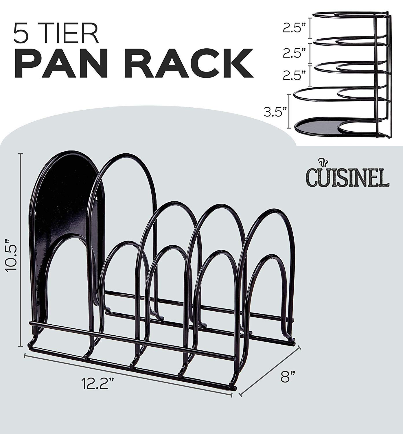 Heavy Duty Pan Organizer, 5 Tier Rack - Holds up to 50 LB - Holds Cast Iron Skillets, Griddles and Shallow Pots - Durable Steel Construction - Space Saving Kitchen Storage - No Assembly Required
