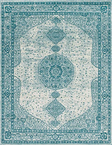 Unique Loom Bromley Collection Vintage, Medallion, Country, Traditional, Border Area Rug, 8 ft x 10 ft, Turquoise/Ivory