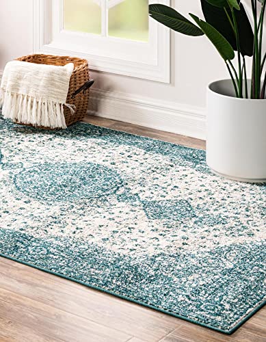 Unique Loom Bromley Collection Vintage, Medallion, Country, Traditional, Border Area Rug, 8 ft x 10 ft, Turquoise/Ivory
