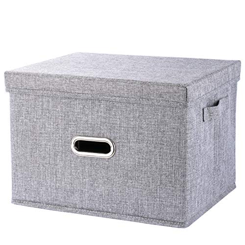 Storage Cube with Lid, Fabric Basket Bin with Dual Handles, Decorative Linen Storage Container Clothes Basket for Closet, Shelves, 15" x 11" x 10.2", Grey