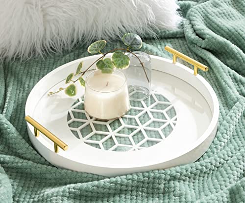 Kate and Laurel Caspen Round Cut Out Pattern Decorative Tray with Gold Metal Handles, White