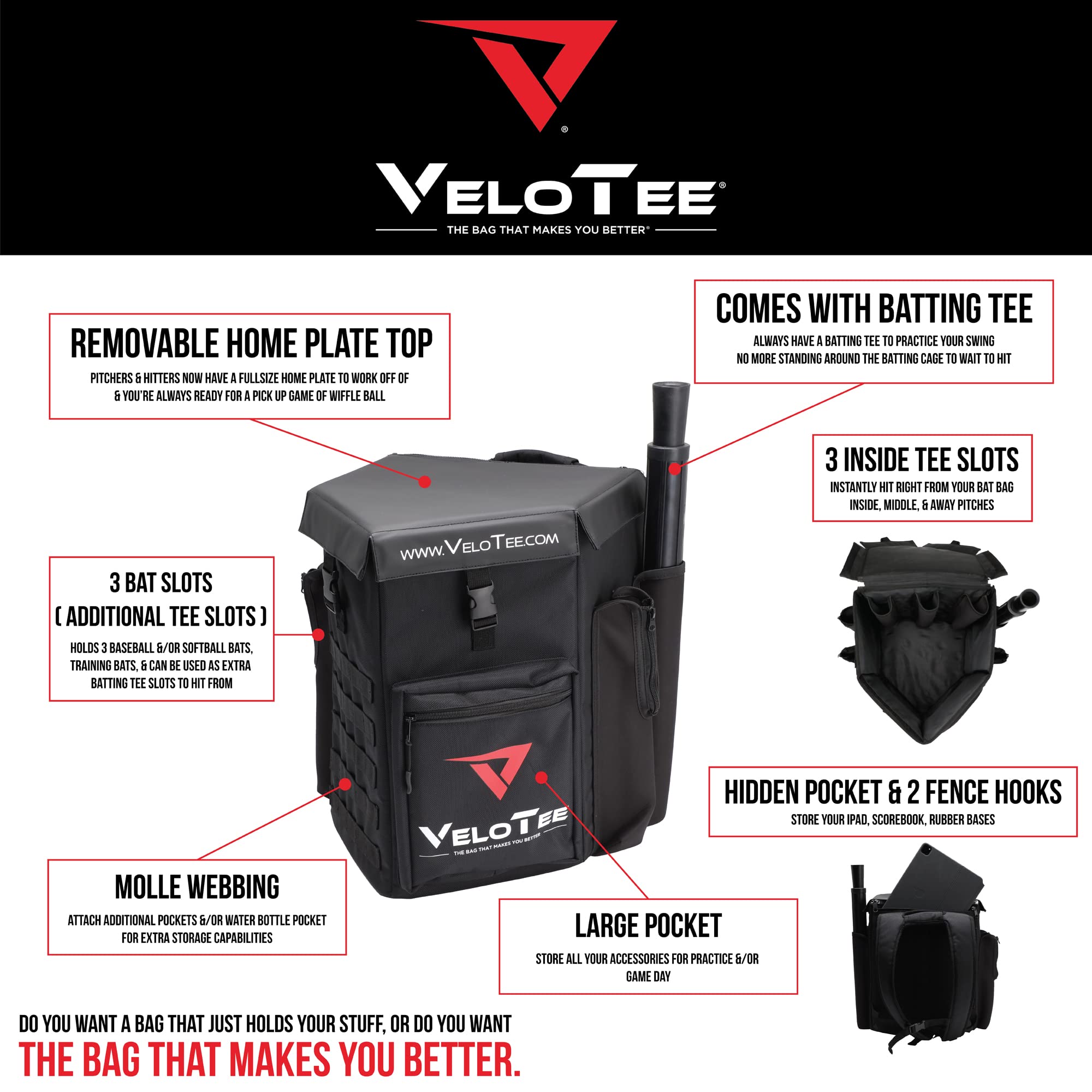 VeloTee | Home Plate Baseball & Softball Bat Bag | Softball and Baseball Coaches Bag | Baseball Bucket Backpack with Built in Batting Tee
