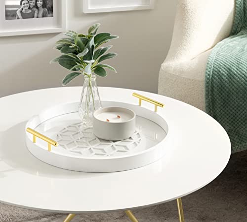 Kate and Laurel Caspen Round Cut Out Pattern Decorative Tray with Gold Metal Handles, White