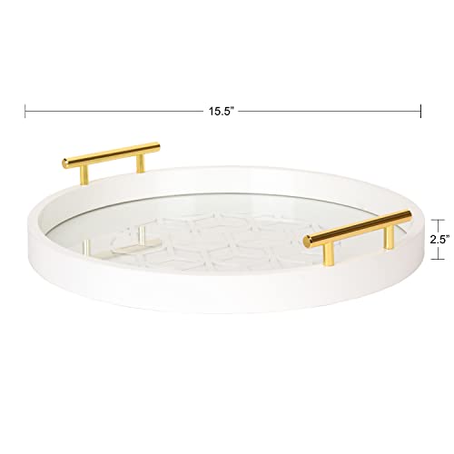 Kate and Laurel Caspen Round Cut Out Pattern Decorative Tray with Gold Metal Handles, White