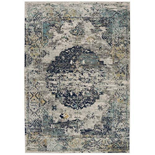SAFAVIEH Madison Collection 3' x 5' Light Grey/Blue MAD158F Oriental Medallion Distressed Non-Shedding Living Room Bedroom Accent Rug