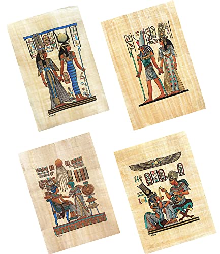 NileCart Collection of 4 sheets Egyptian papyrus paintings Original Hand Painted Papyrus Paper Ancient Egyptian size 9x13 in. handmade in Egypt. (Kings & Queens Collection)