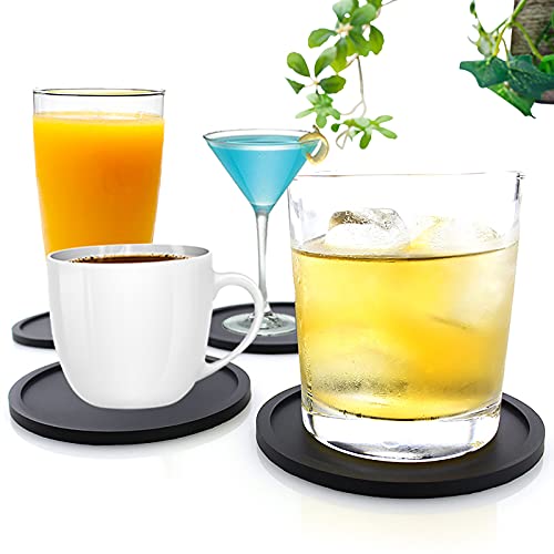 Coasters for Drinks-Anti-Slip Durable Reusable Drink Coasters Set,Non Slip Cup Coasters Silicone Coasters Fit Coffee Table Desk Beverage Bar Protect Desk from Heat and Scratch Damage(4 Pack,Black)