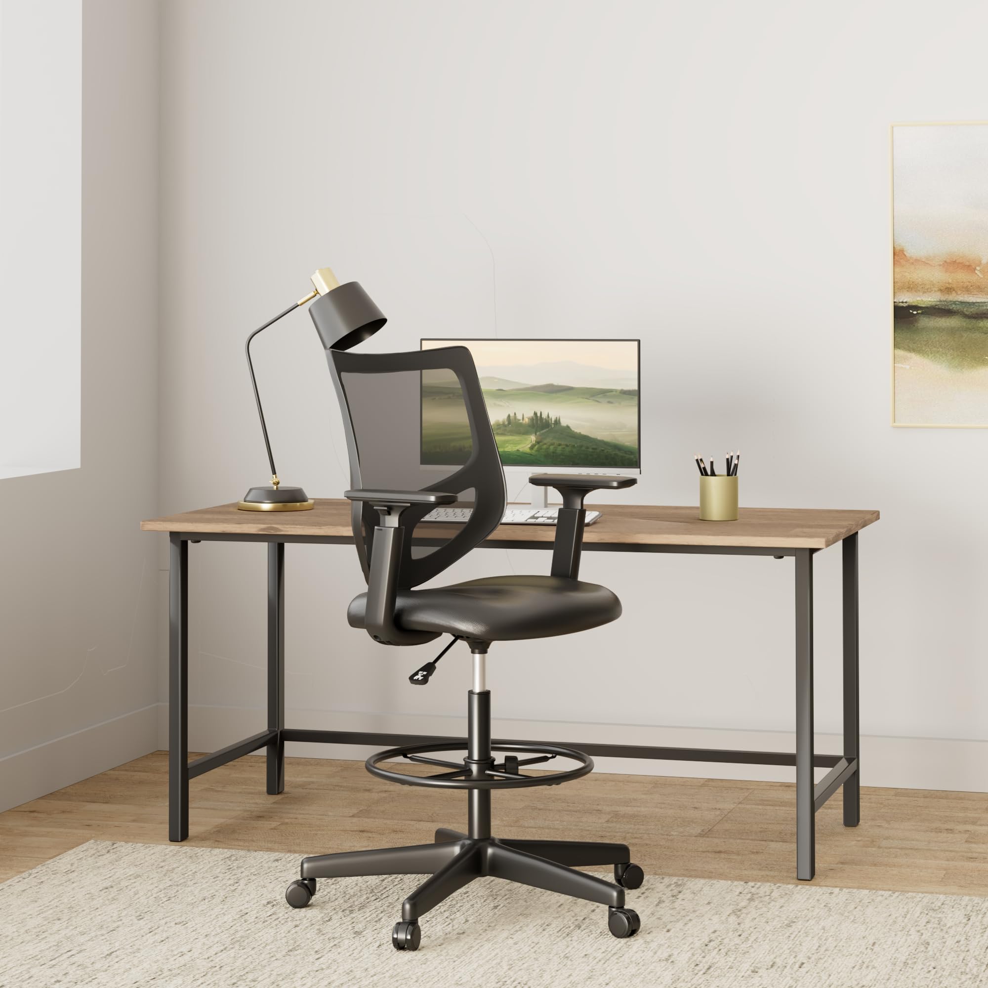JHK Drafting Tall Home Office Standing Desk Adjustable Foot Ring and Armrest, Mid Back Mesh Computer Executive Task Chair with Ergonomic Lumbar Support for Adult, Black