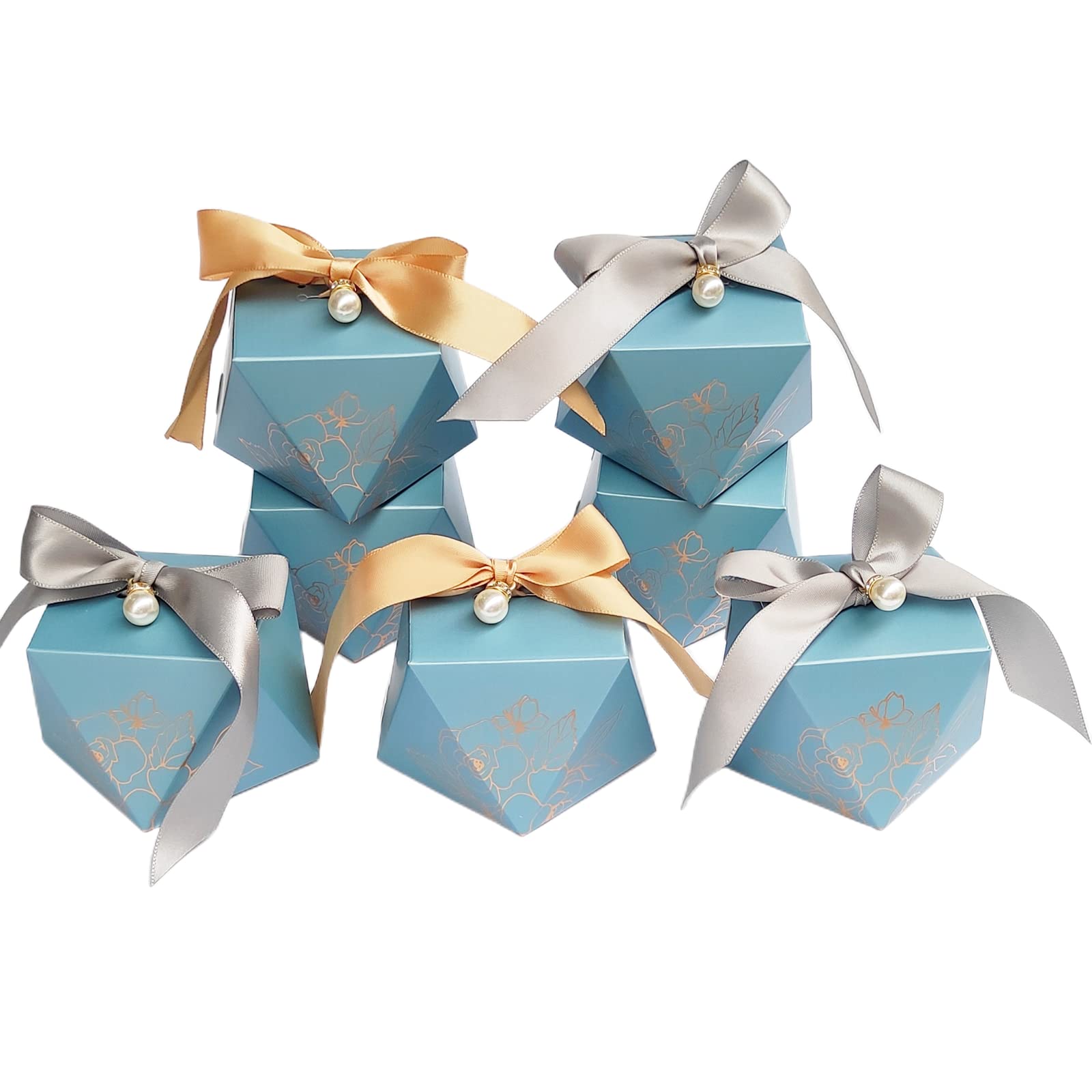 Awcmtpsyol Gift Box Diamond Shape Wedding Favors Decoration Baby Shower Birthday Party Chocolate Packing Candy Boxes for Guests with Ribbon and Pearl (blue box with gold ribbon)