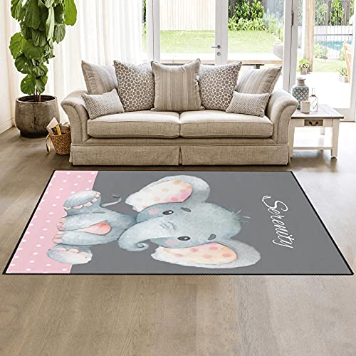 XOZOTY Custom Name Watercolor Elephant Pink Polka Dot Area Rugs Kitchen Bath Mat Washable Doormats for Patio Garden Porch 4'x5.2'